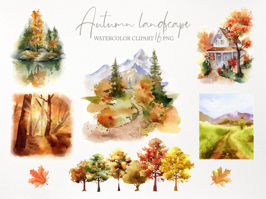 Autumn Landscape Clipart. Watercolor Fall Scenery PNG. Autumn Mountain ...