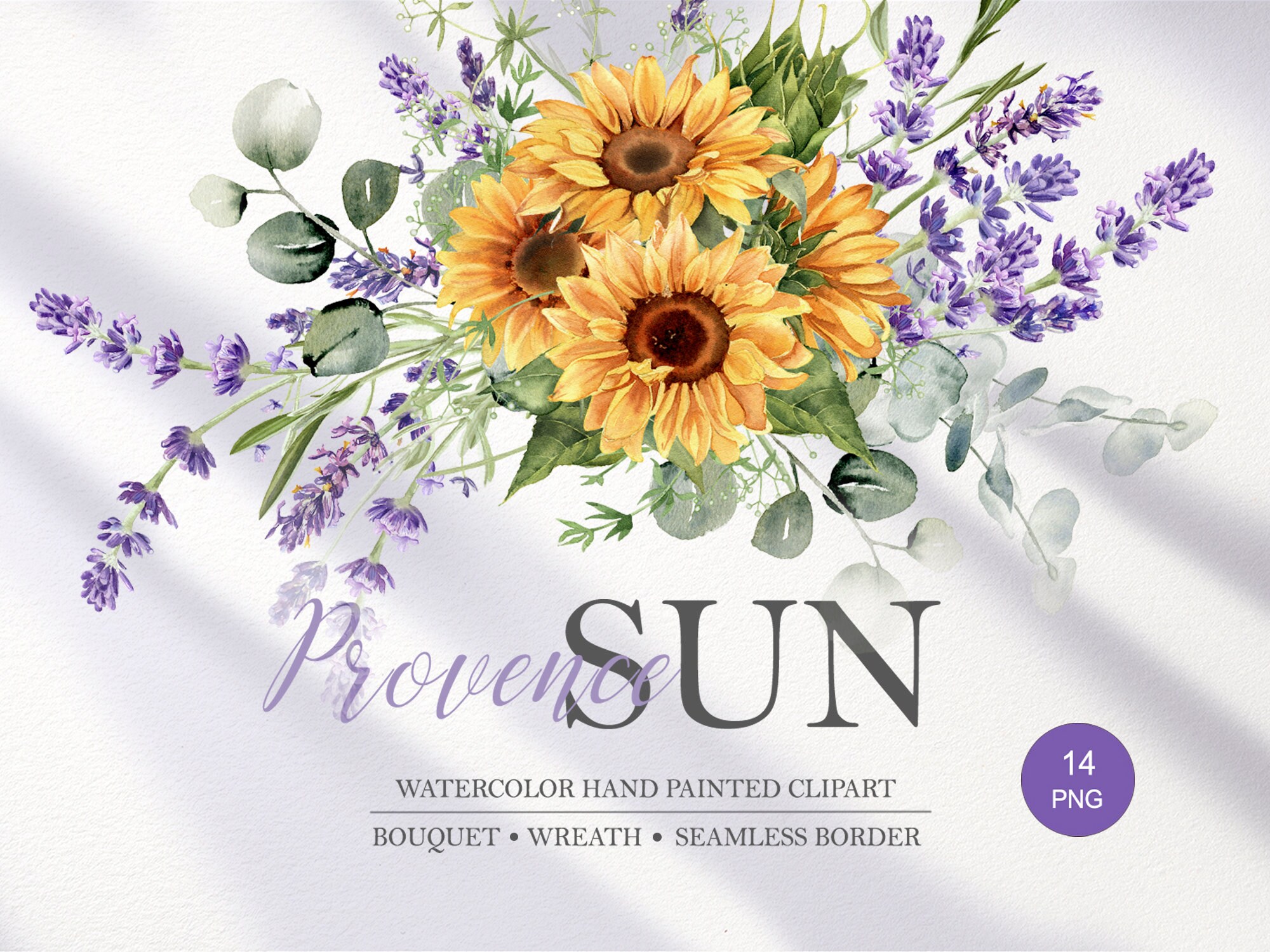 Sunflower, Lavender, Eucalyptus Flowers Clipart. Rustic Floral Bouquet ...