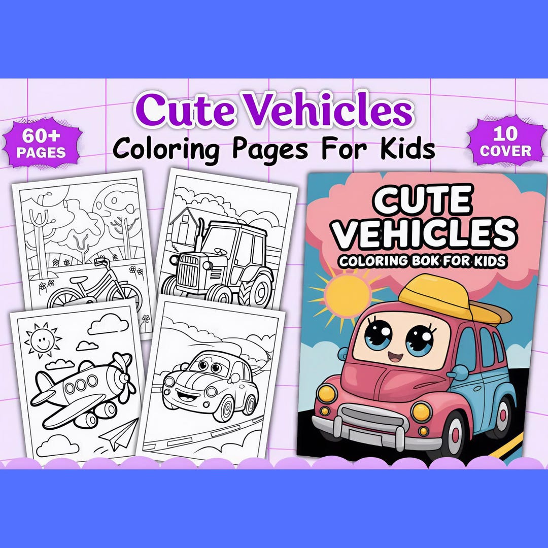 Cute Vehicles Coloring Pages for Kids, Coloring Book Bundle, Girl ...