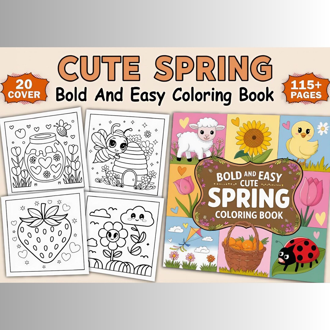 Bold and Easy Cute Spring Coloring Pages, Coloring Book Bundle, Girl ...