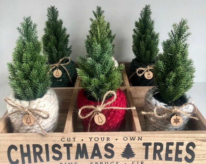 Mini Farmhouse Faux Christmas Tree Crochet Planter Sweater Cozy Winter ...
