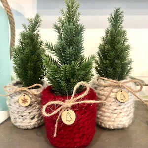 Mini Farmhouse Faux Christmas Tree Crochet Planter Sweater Cozy Winter ...