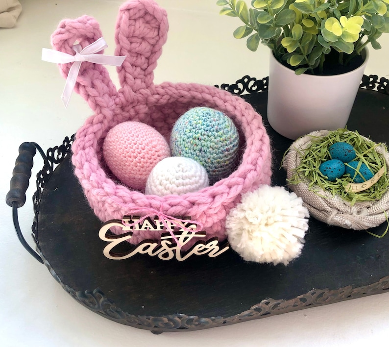 Easter Bunny Basket Handmade Gift for Children Crochet Spring Mantel ...