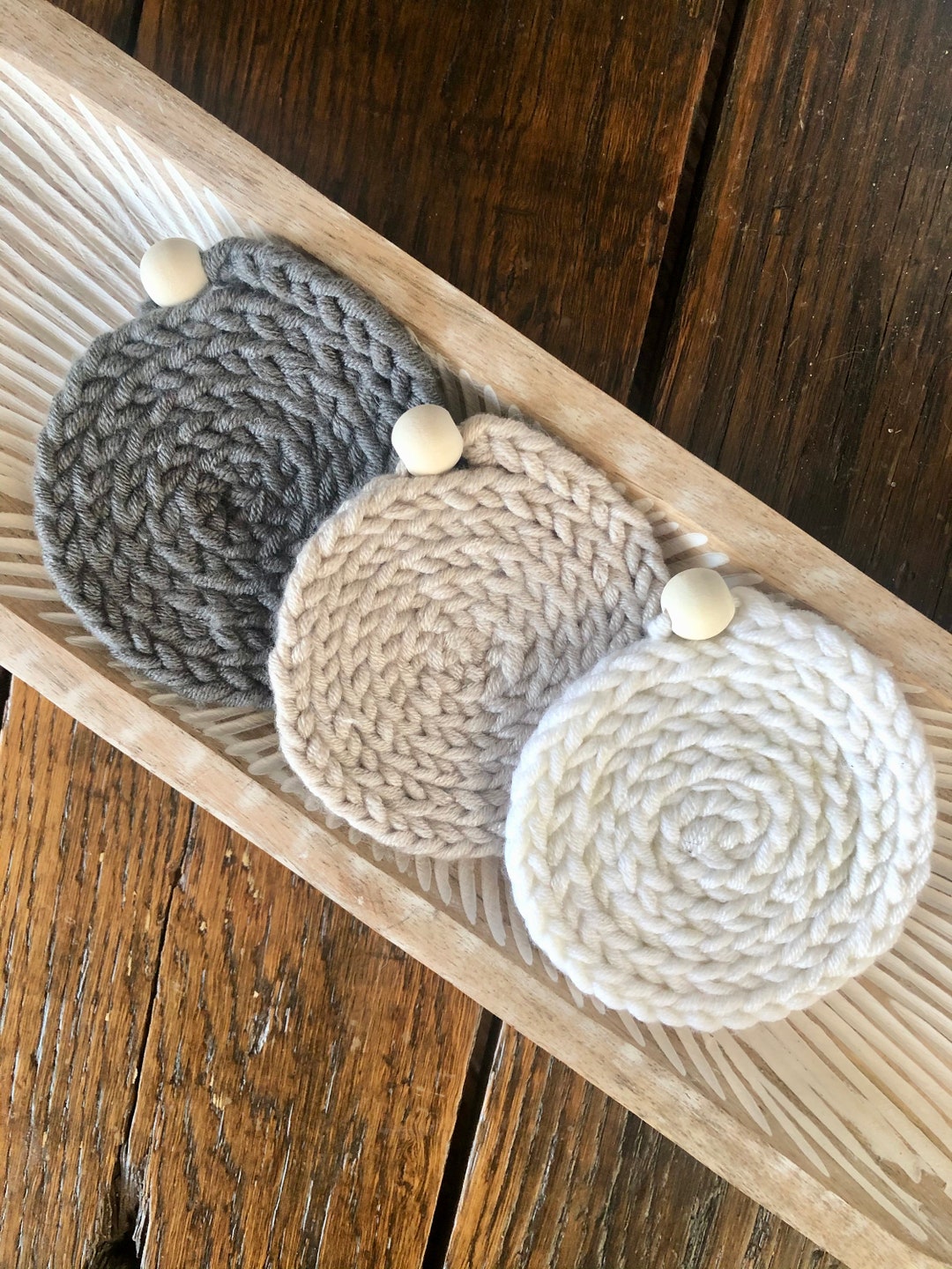 Crochet Coaster Set With Wooden Bead Minimalist Farmhouse Decor ...