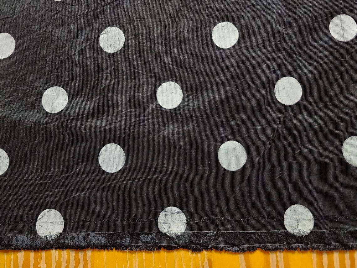 Vintage Fabric Silky Satin Taffeta Polka Dot White Dots on Black Flawed ...
