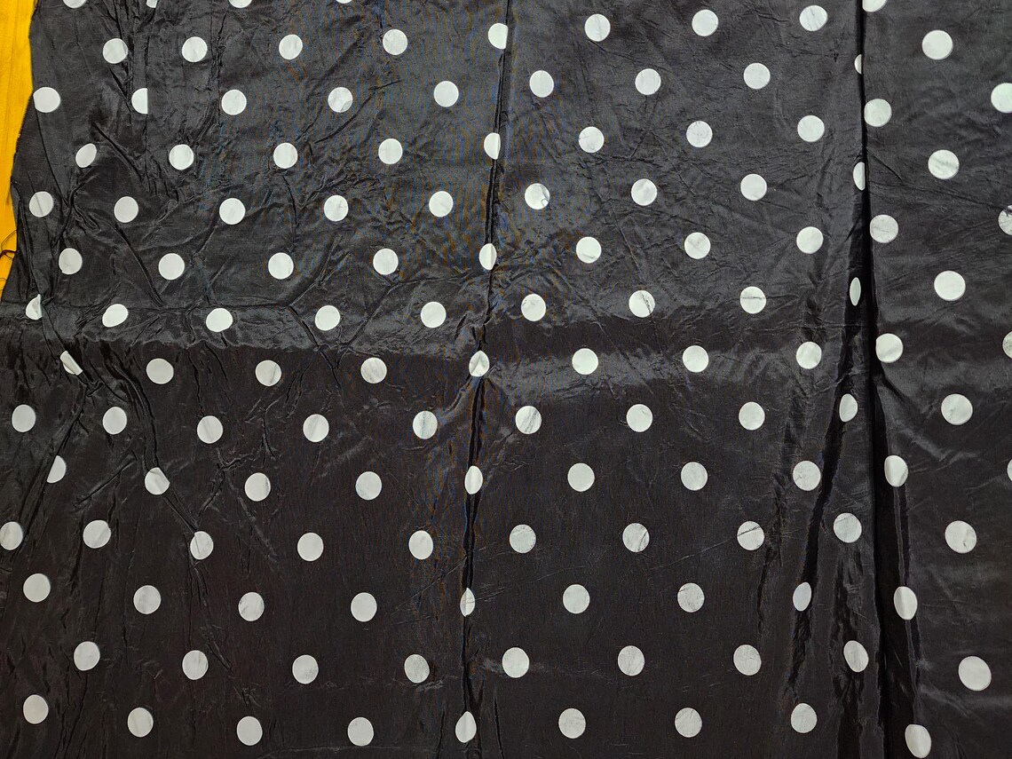 Vintage Fabric Silky Satin Taffeta Polka Dot White Dots on Black Flawed ...