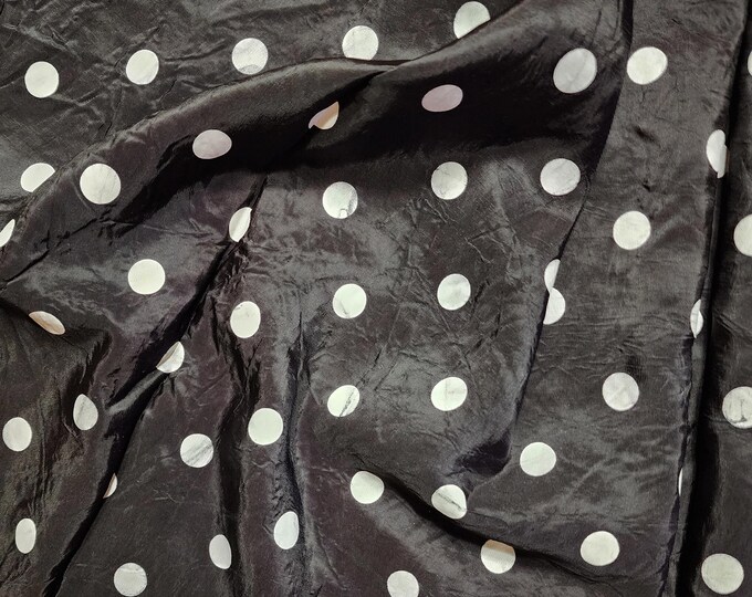 Vintage Fabric Silky Satin Taffeta Polka Dot White Dots on Black Flawed ...