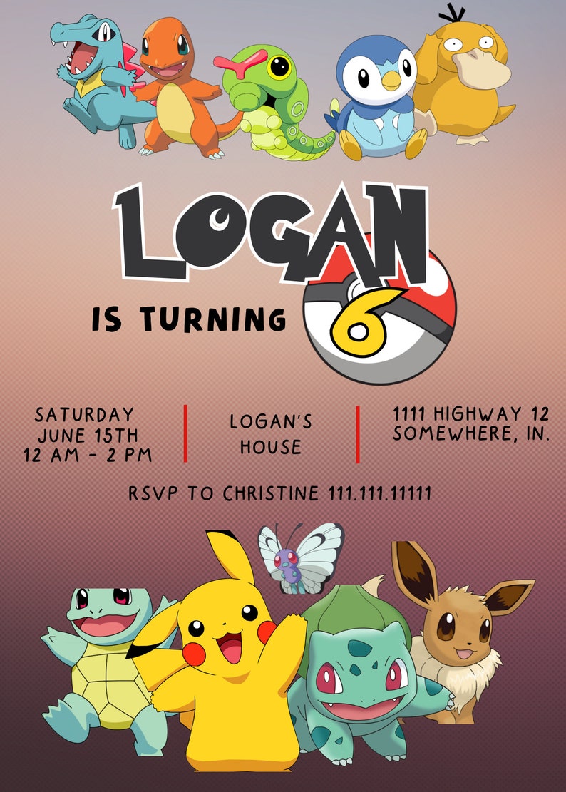 Pokemon Invitation 5x7 Editable Pokemon Birthday Invitation Pikachu ...