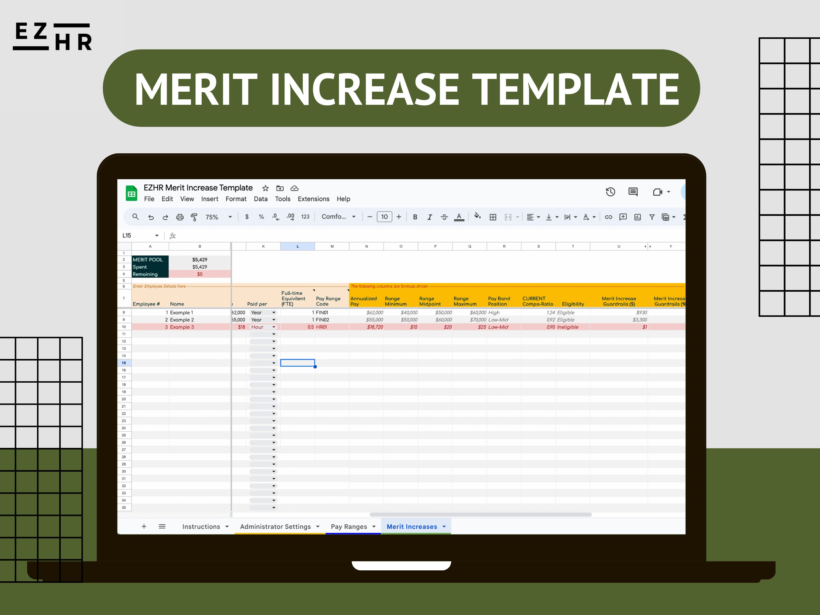 Employee Merit Increase Spreadsheet, Google Sheets Template, HR ...