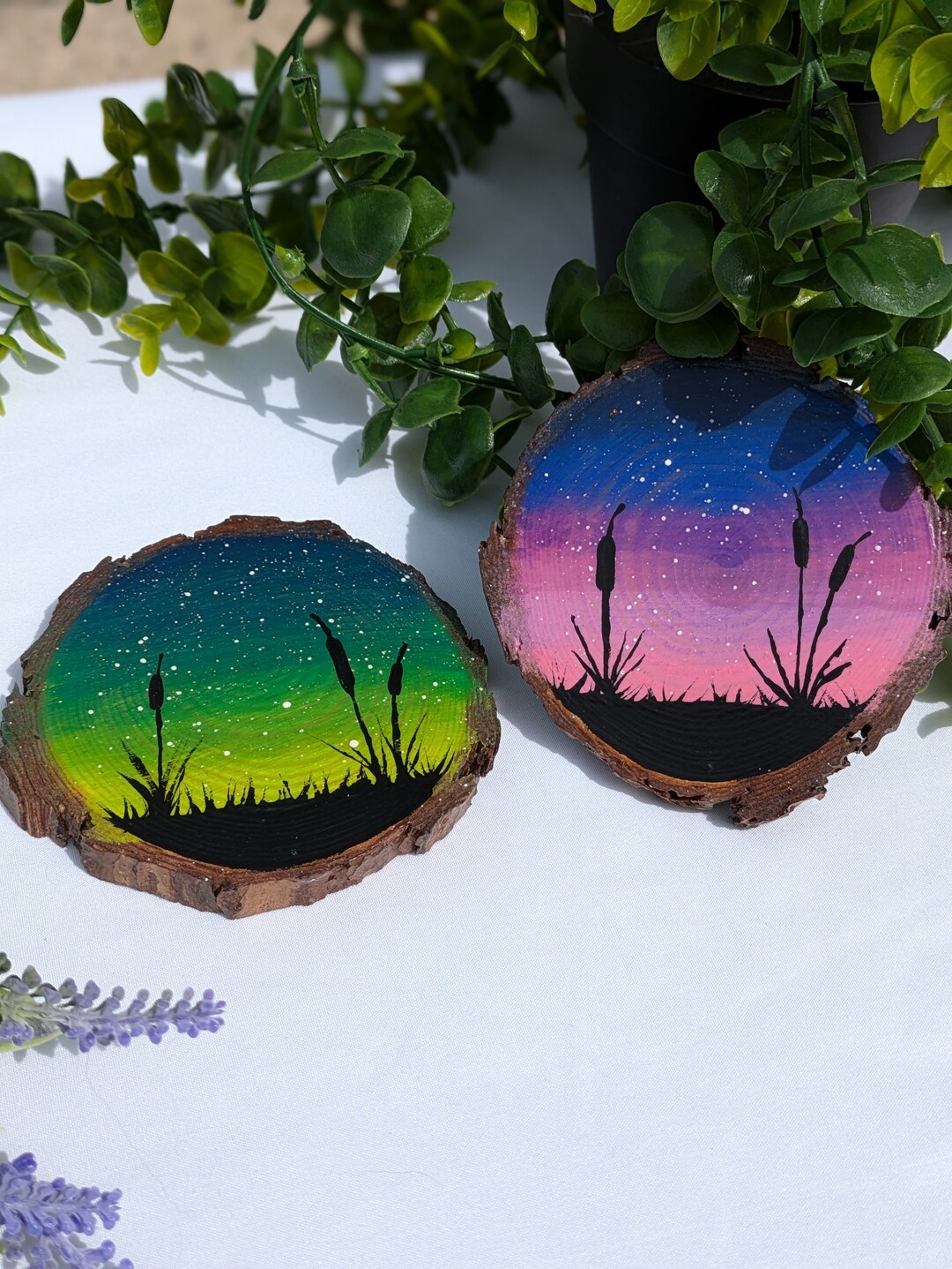 Rustic Wood Slice Coasters Hand-painted, Double-sided Reed Drink ...