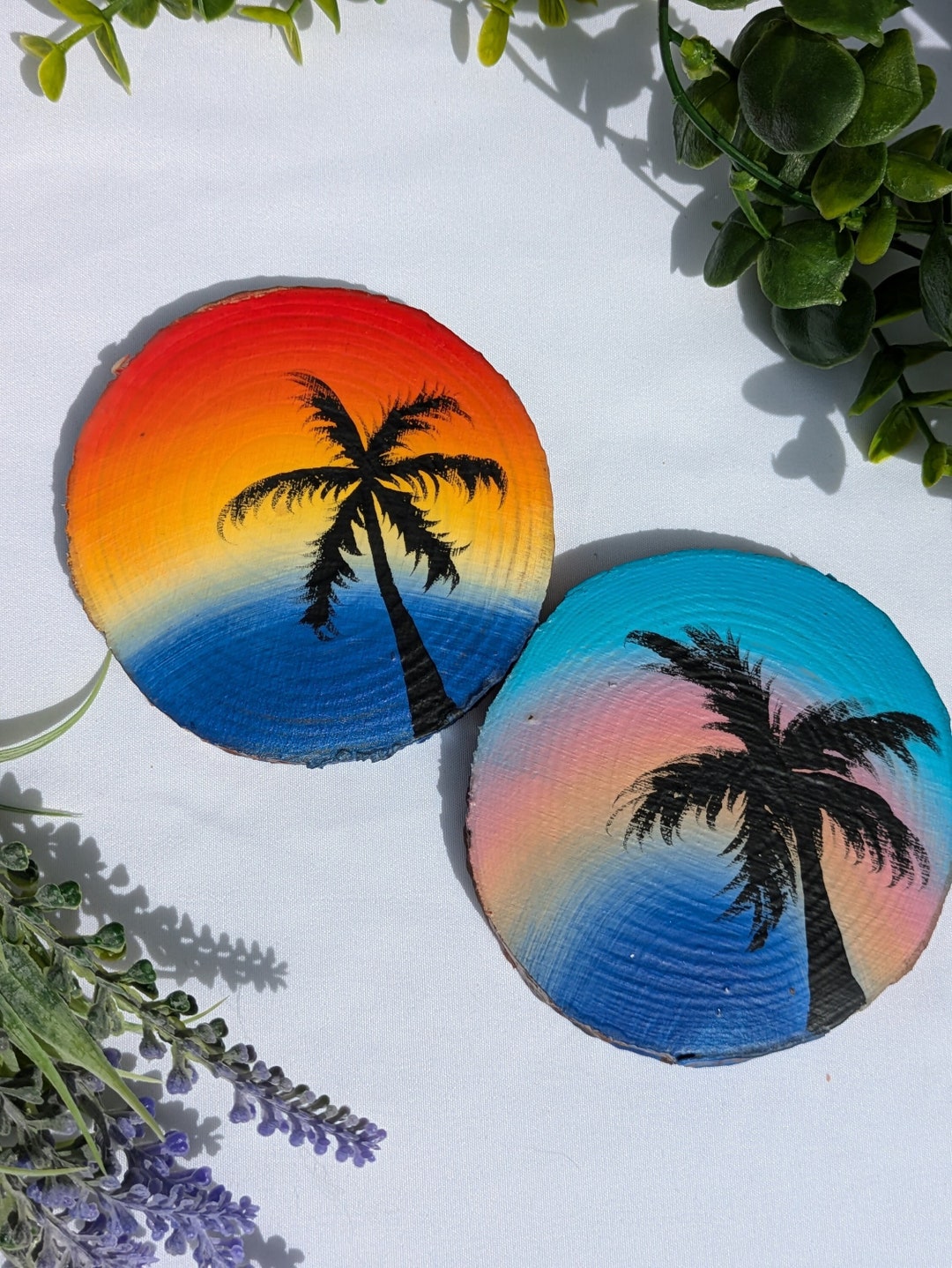 Rustic Palm Tree Wood Slice Coasters – Double-sided Hand-painted ...