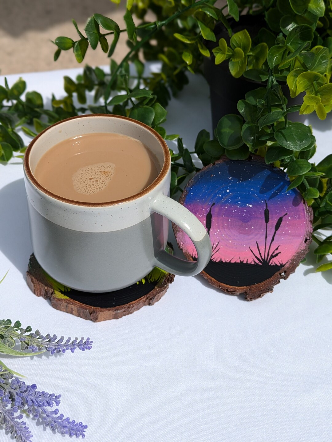Rustic Wood Slice Coasters – Hand-painted, Double-sided Reed Drink ...