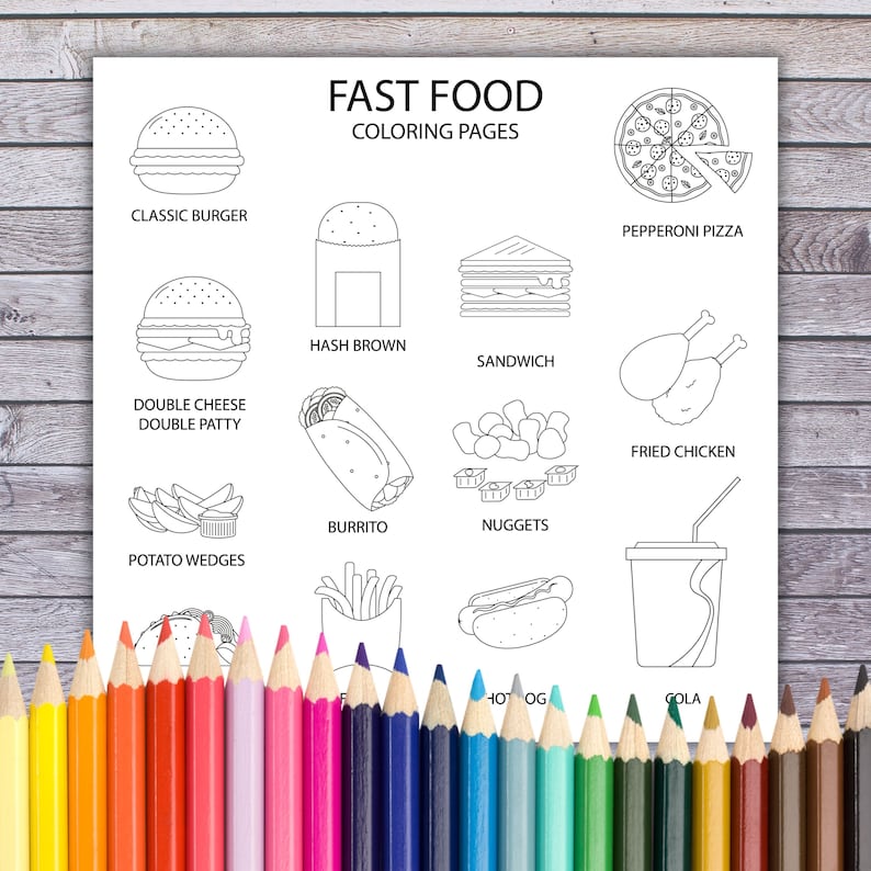 Fast Food Coloring Page Burger Taco Burrito Sandwich Fries Wedges Pizza ...