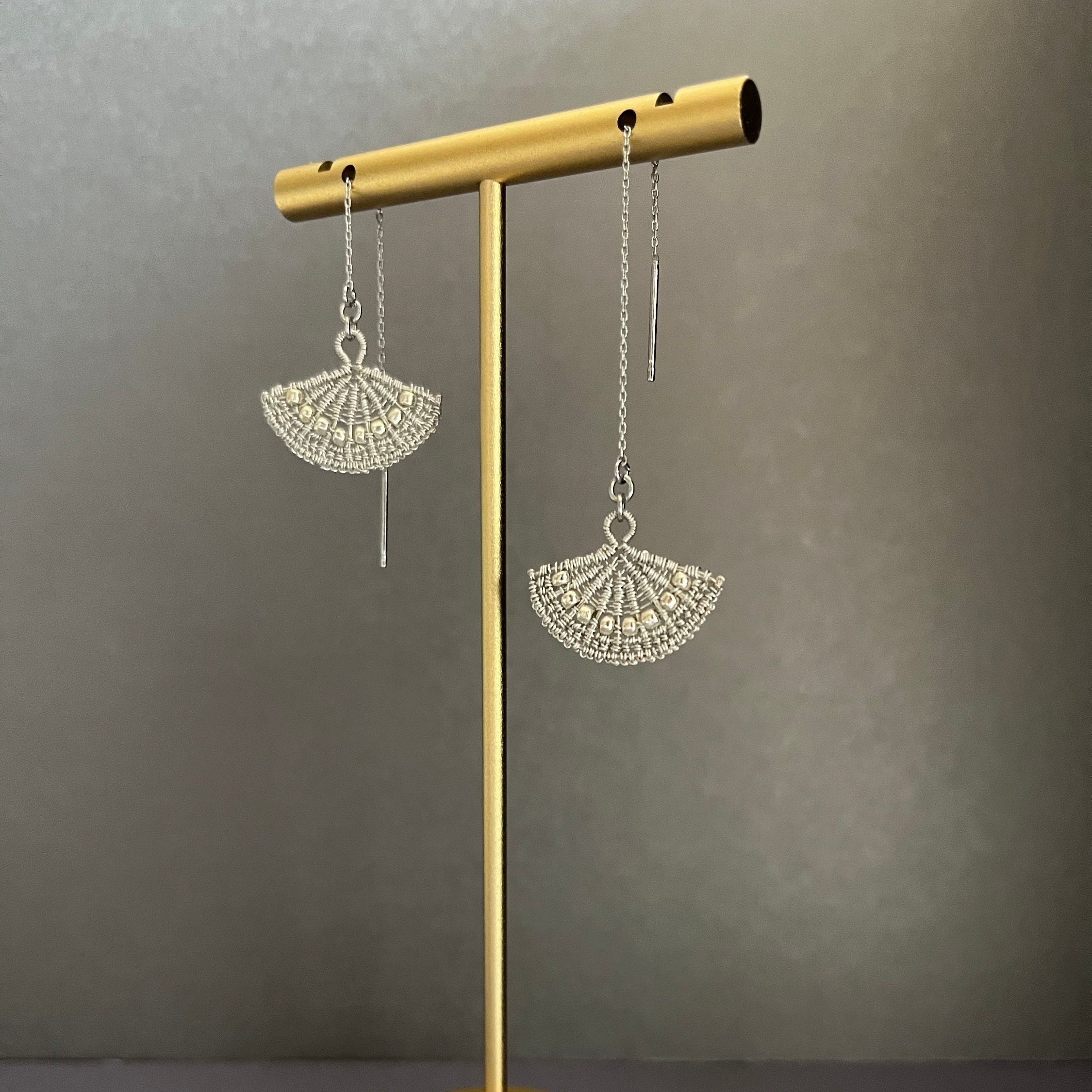 Corra Liew Silver Japanese Folding Fan Earrings Wire Micro Macrame Lace ...