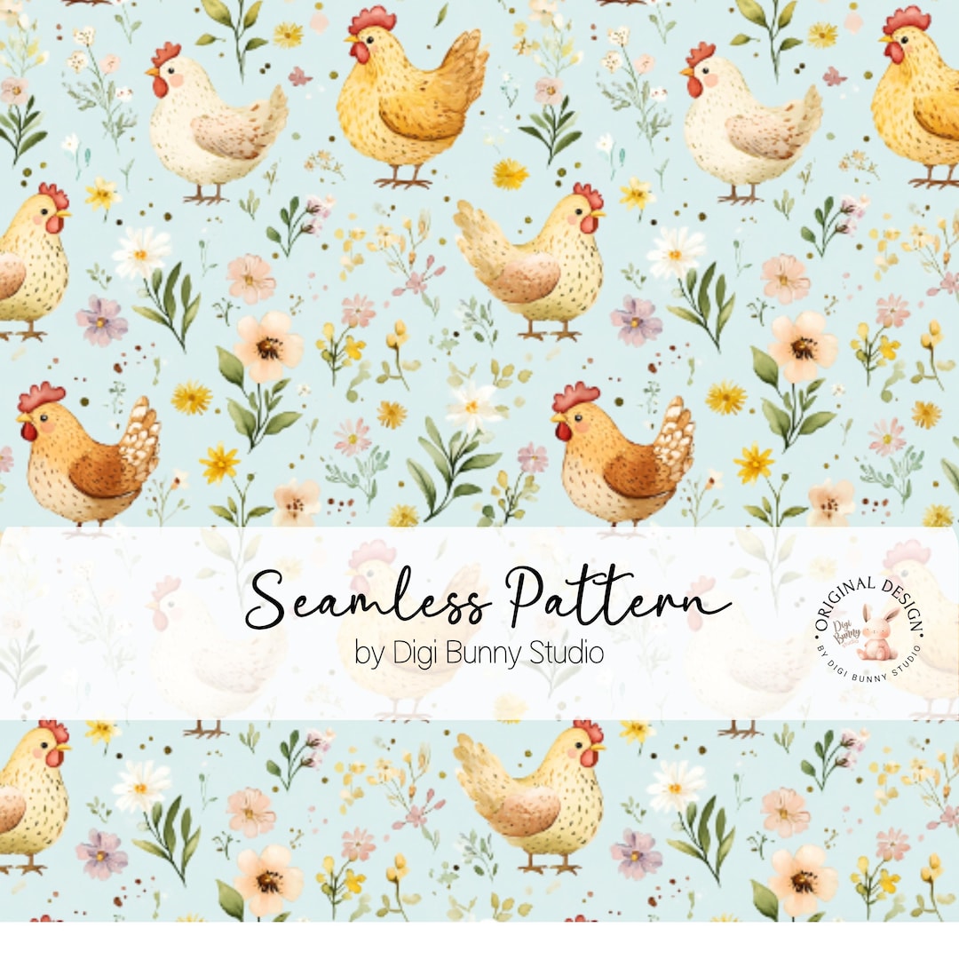 Floral Chickens Seamless Pattern, Farm Seamless Chicken Flowers, Floral ...