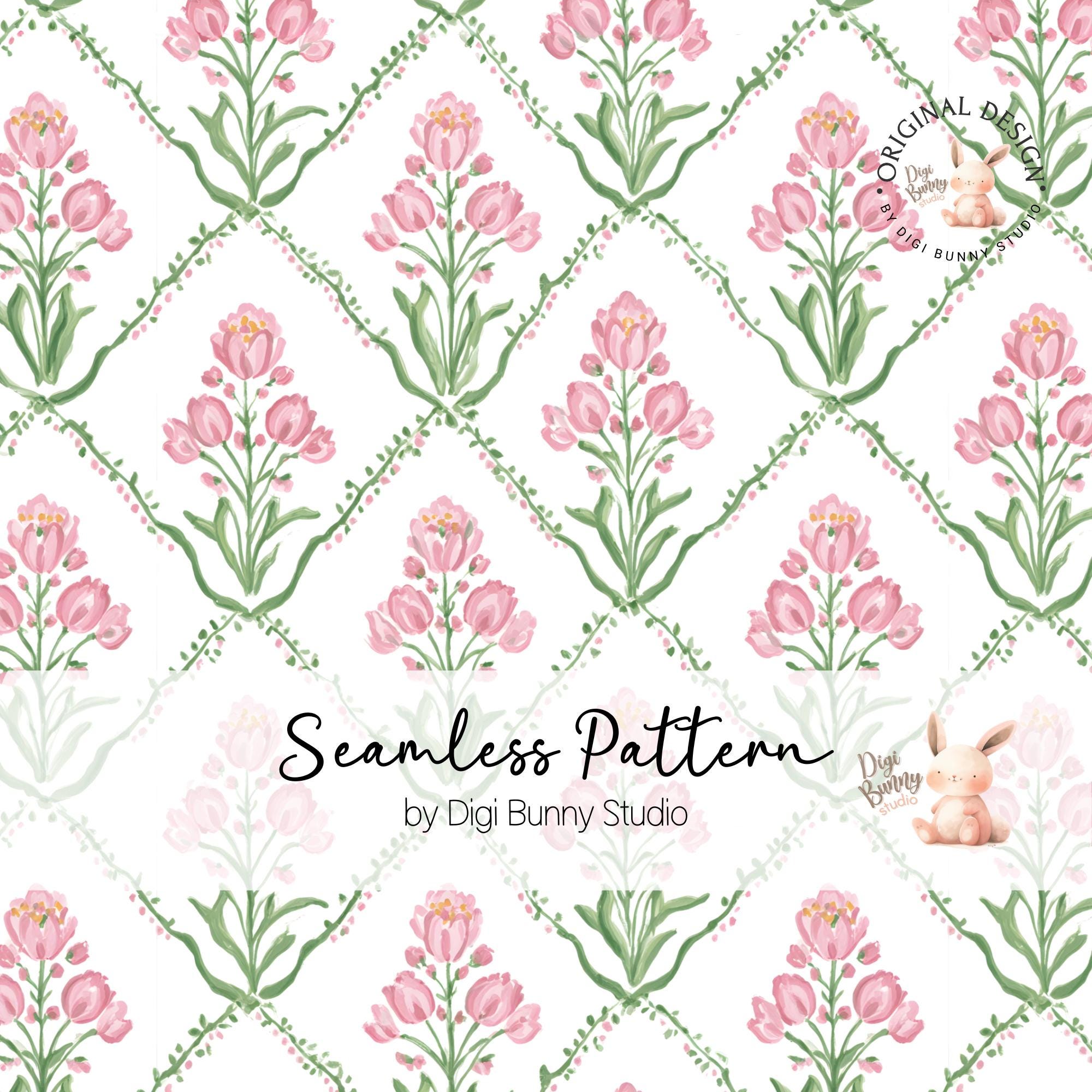 Preppy Damask Tulips Seamless Pattern PNG | Floral Trellis Shabby Chic ...