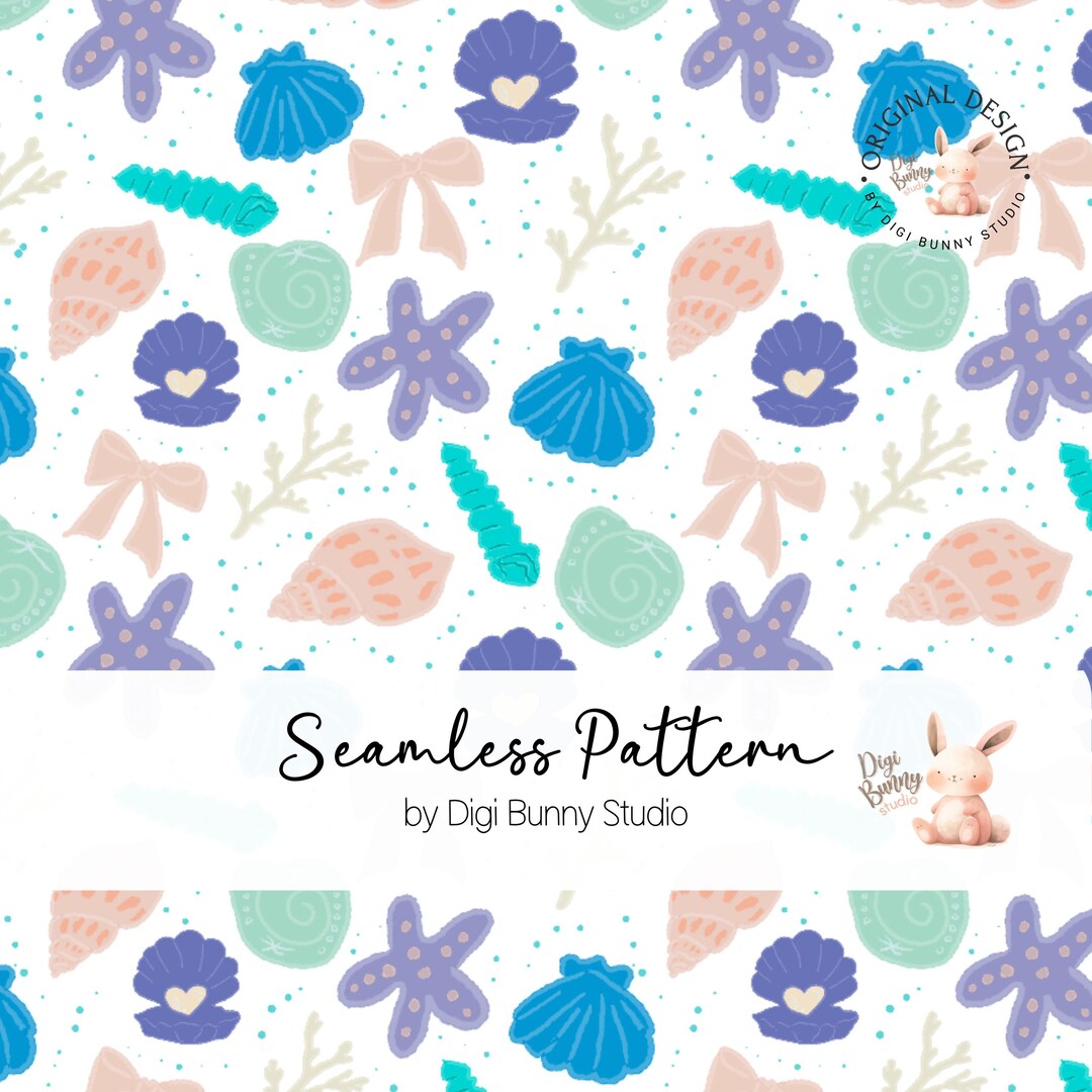 Coastal Seashells & Bows Seamless Pattern: Marine Coquette (digital ...