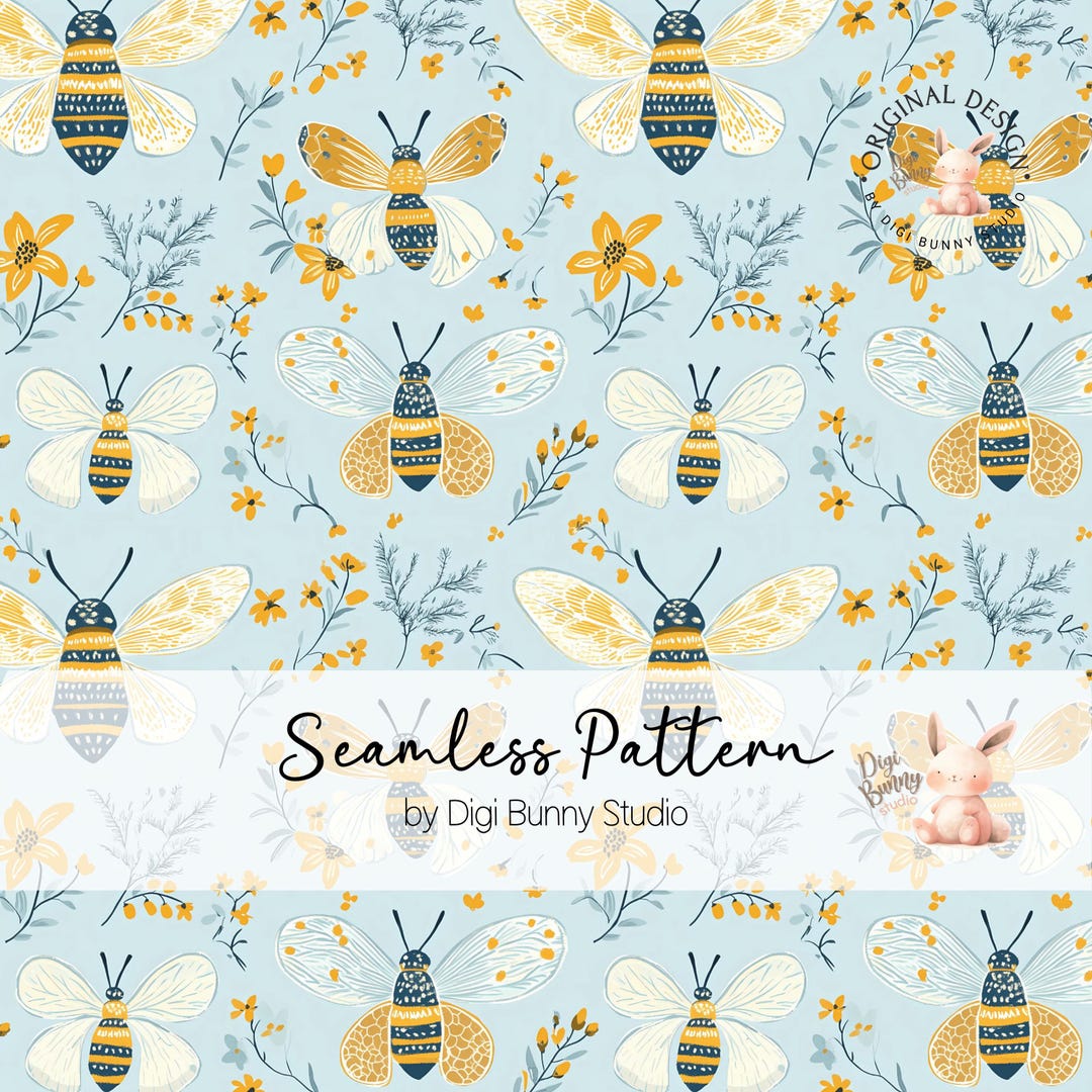 Light Blue Flowers Bees Seamless Pattern Spring Repeat Pattern Digital ...