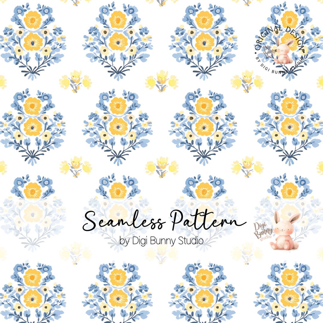 Vintage Floral Cameo Seamless Pattern, Yellow & Blue (PNG) - Etsy