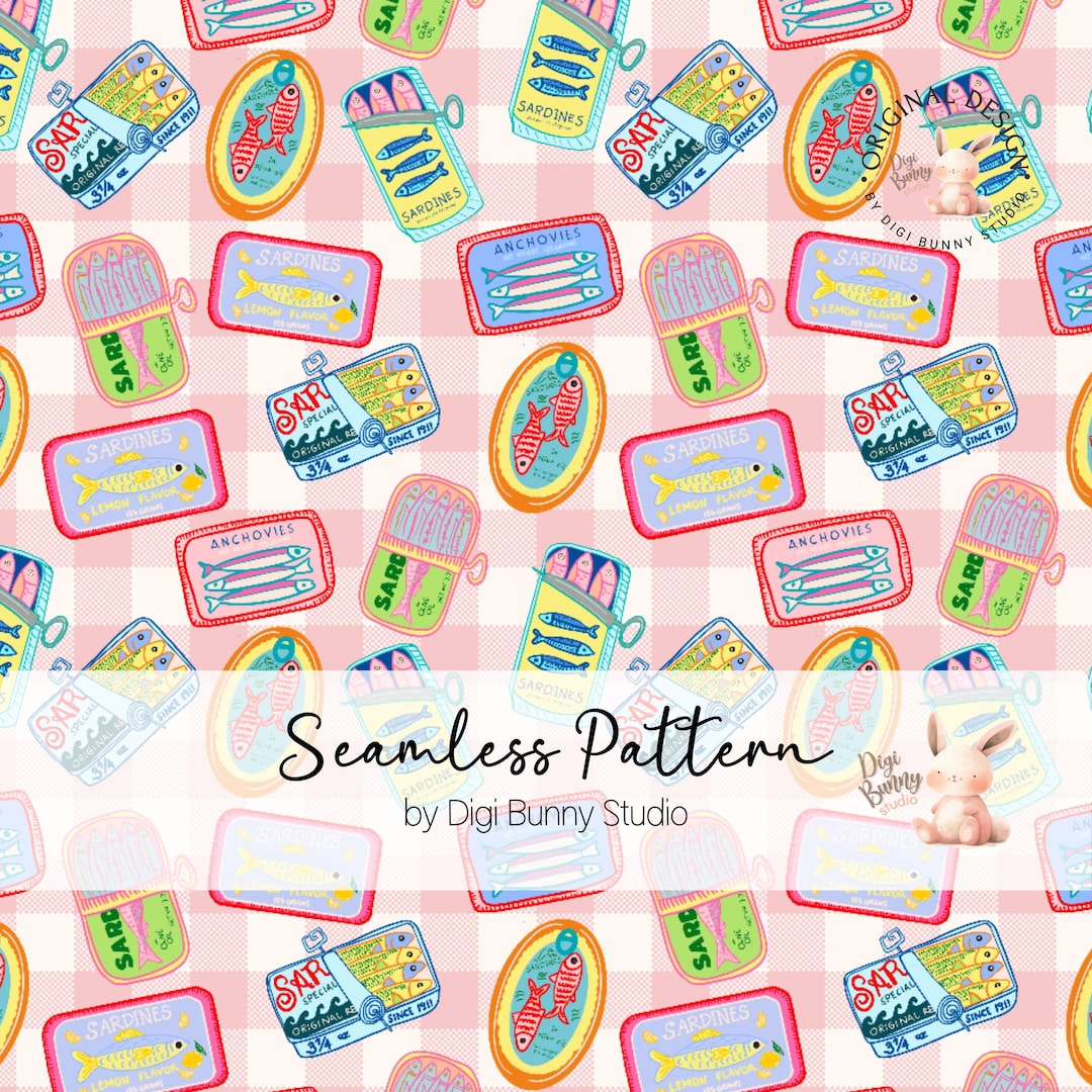 Pink Gingham Sardines Seamless Pattern Tin Fish Foodie Trendy Repeat ...