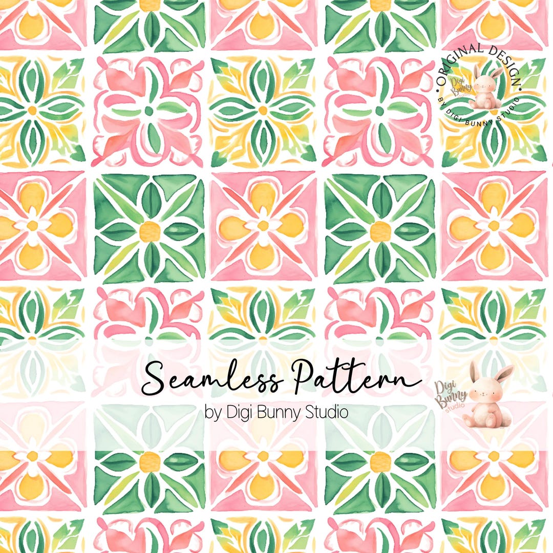 Pastel Mediterranean Tile Seamless Pattern | Pink, Green, Yellow (PNG ...
