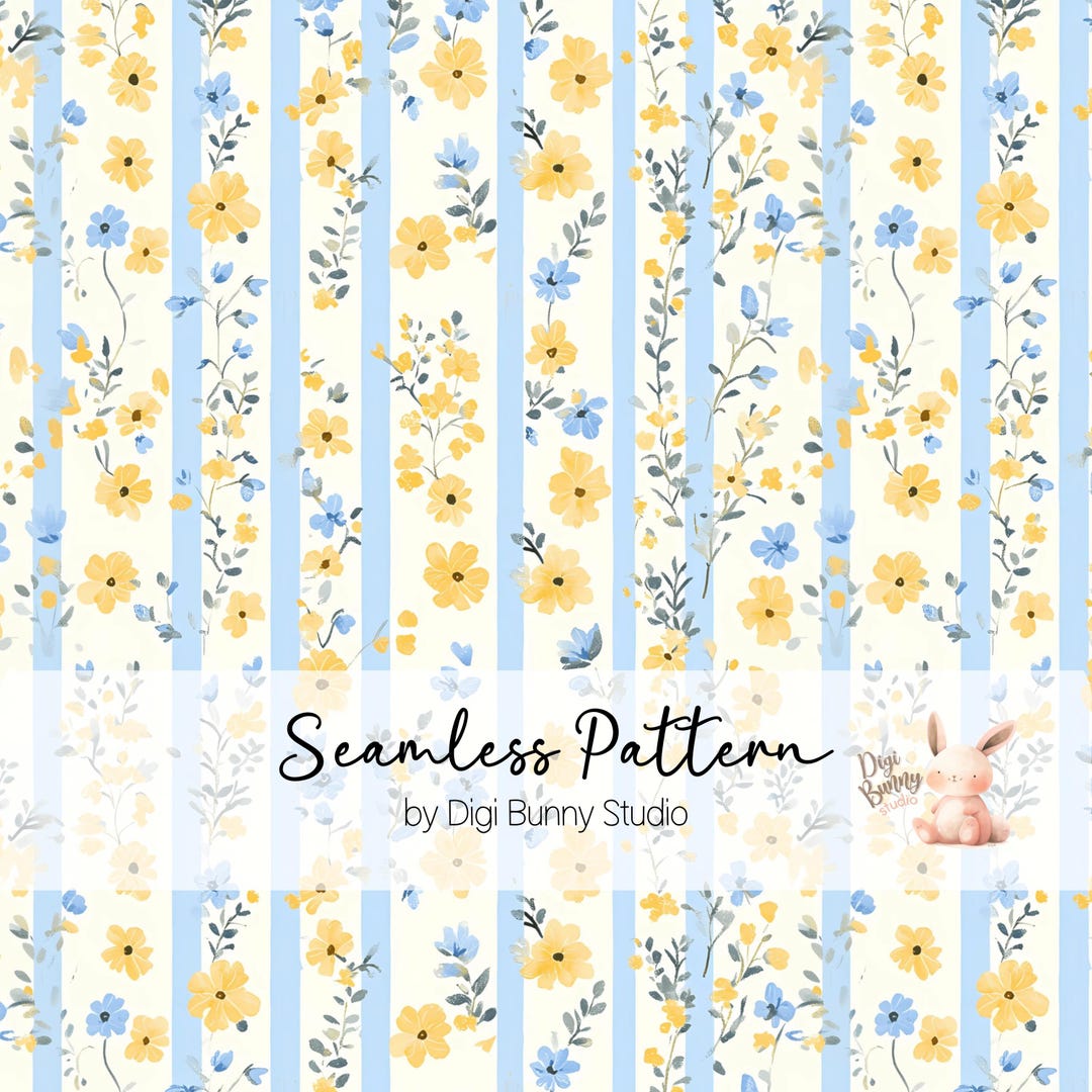 Yellow Ditsy Flowers Seamless Pattern, Blue Stripes (PNG Digital ...