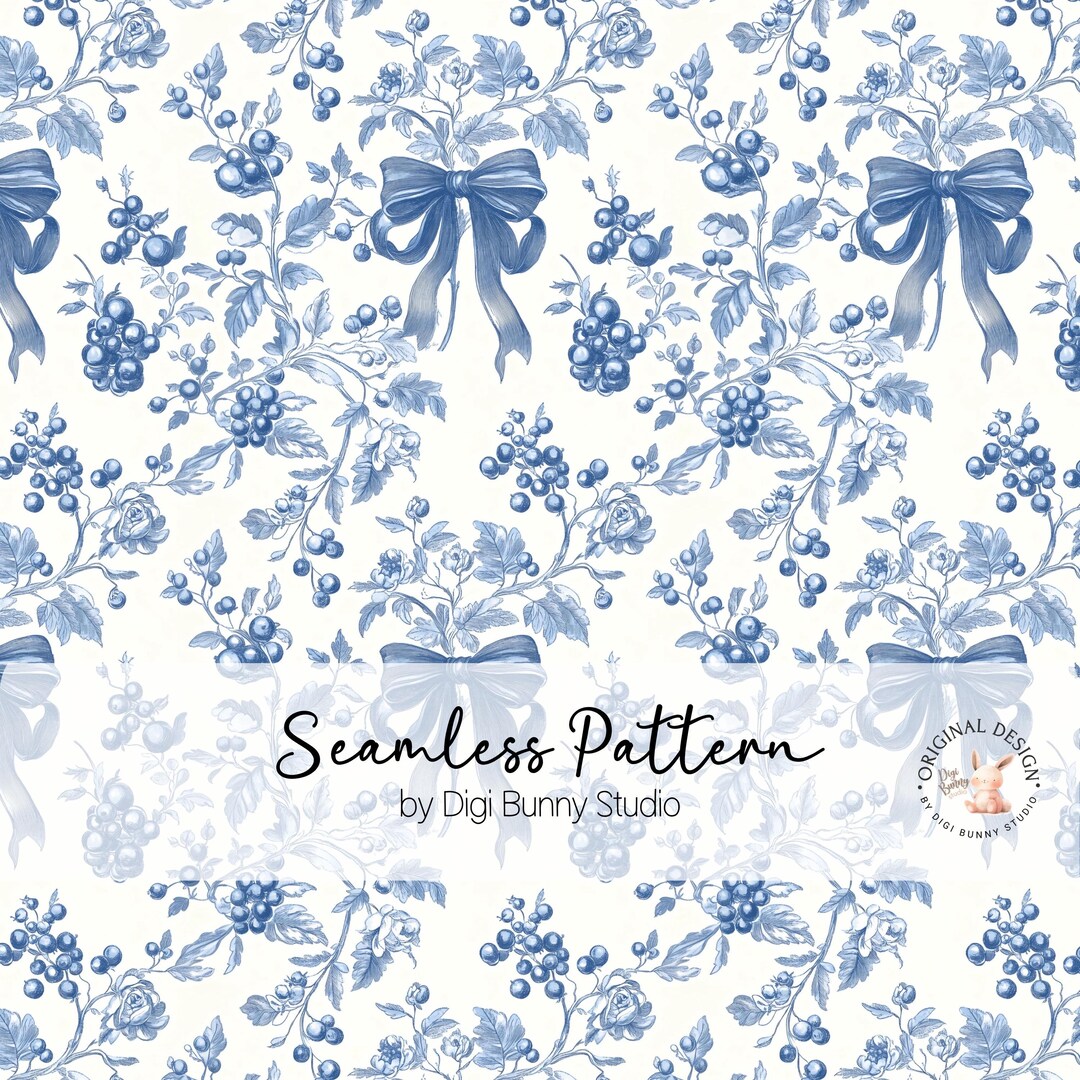 Vintage Blueberries Toile Coquette Seamless Pattern Blue Chinoiserie ...