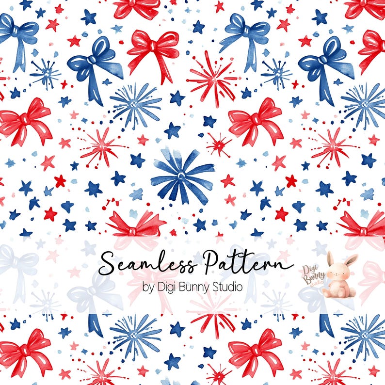 Red White Blue Coquette Bows 4th of July Seamless Pattern USA Fourth of ...