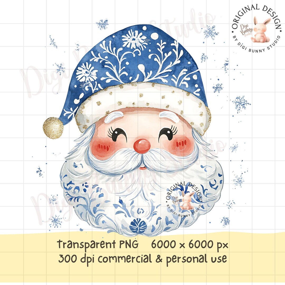 Cute Santa Blue Floral Chinoiserie Santa Hat Png Blue Christmas Vintage ...