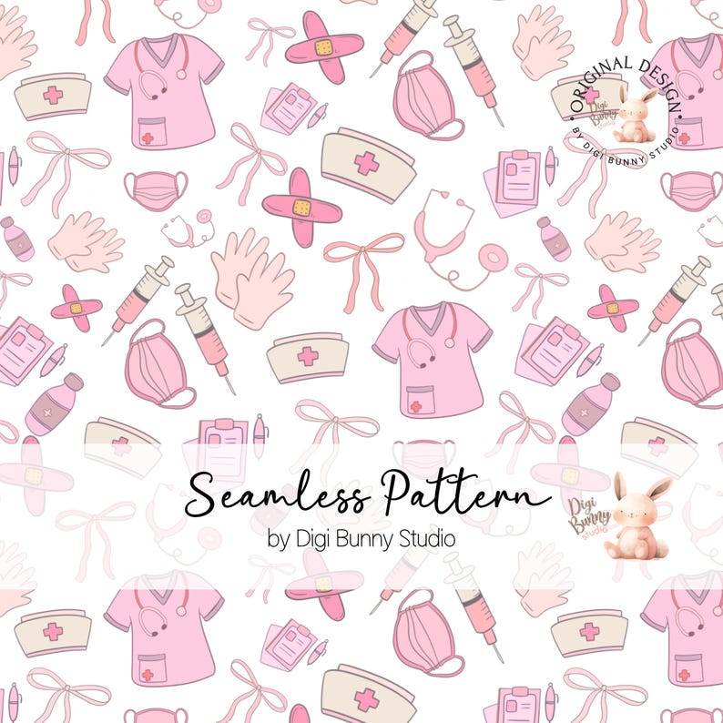 Pink Nurse Coquette Bow Seamless Pattern Hand Drawn Med Tech Doctors ...