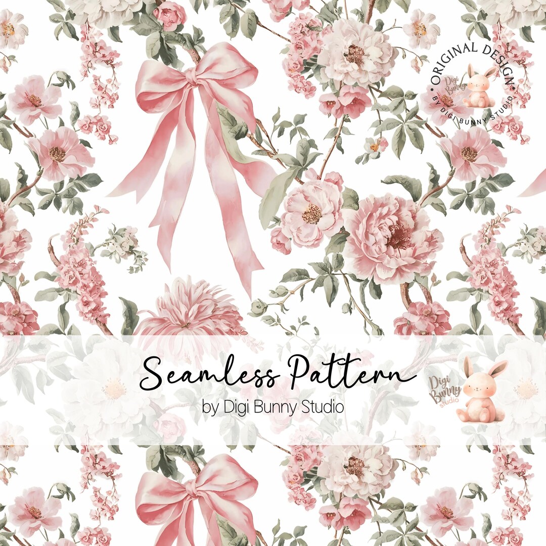 Pink Floral Toile Seamless Pattern: Chinoiserie Bow, Girly Fabric ...