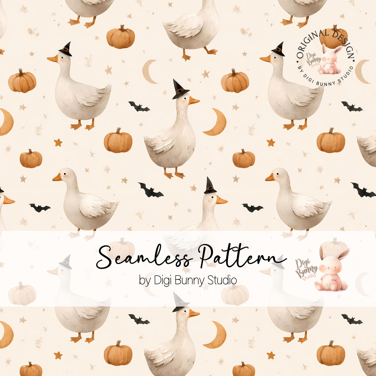 Halloween Goose Seamless Pattern, Autumn Pumpkins Fabric (PNG) - Etsy