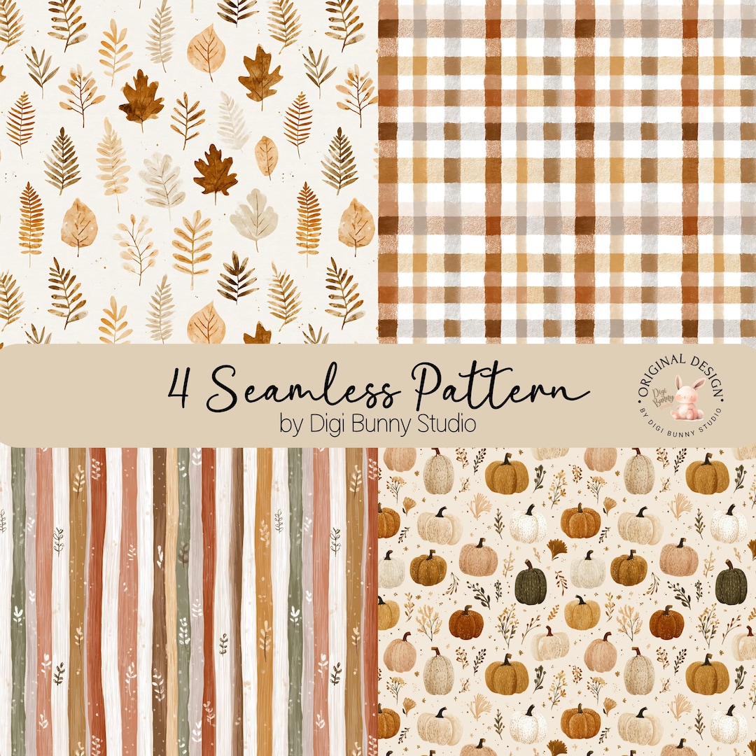 4 Autumn Seamless Patterns Watercolor Pumpkins Gingham Stripes ...