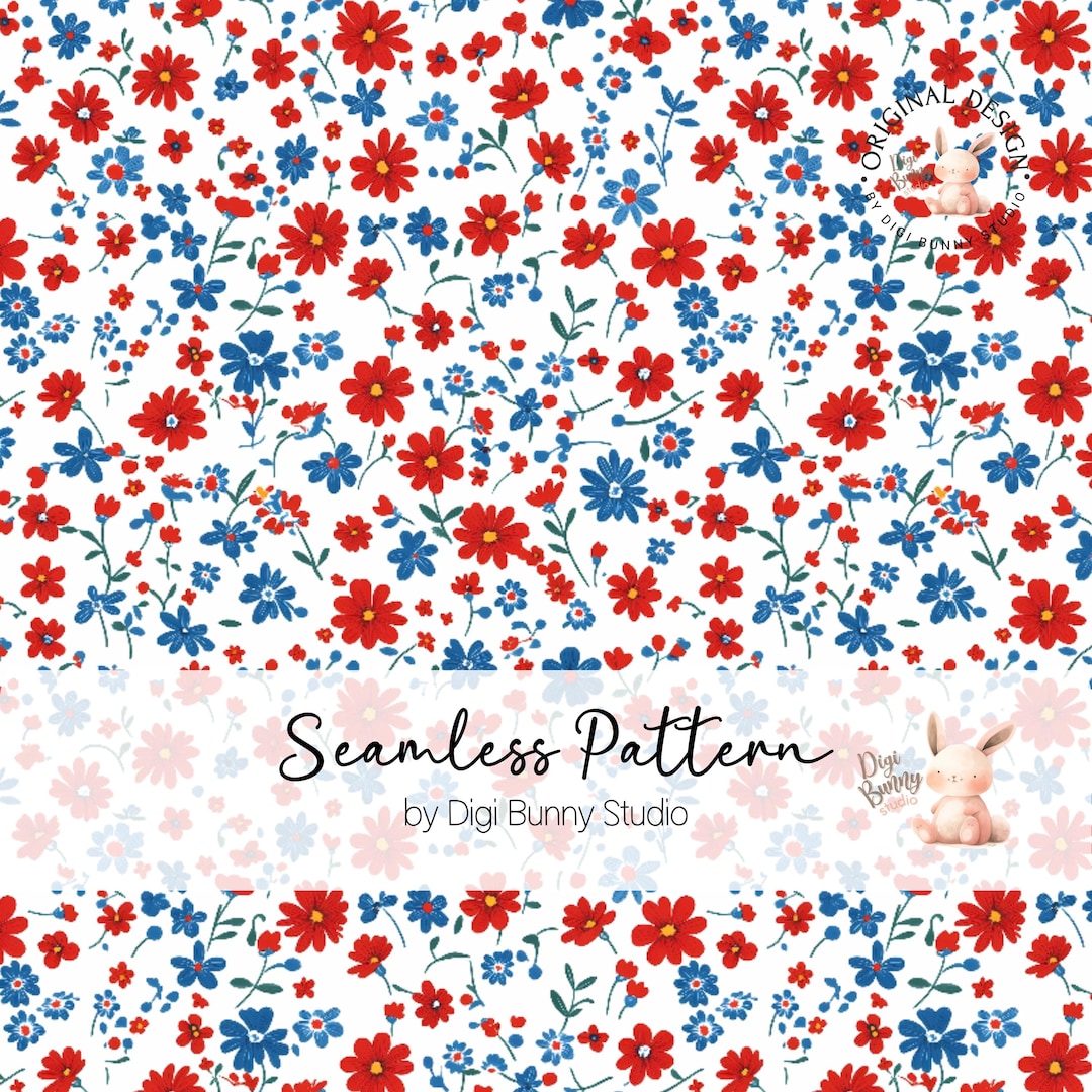 Ditsy Red White Blue Flowers 4th of July Seamless Pattern USA Fourth of ...