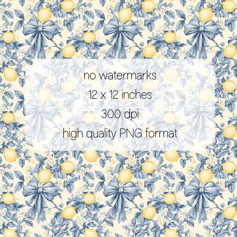 Lemon Toile Seamless Pattern: Blue Chinoiserie Bows (PNG Digital ...