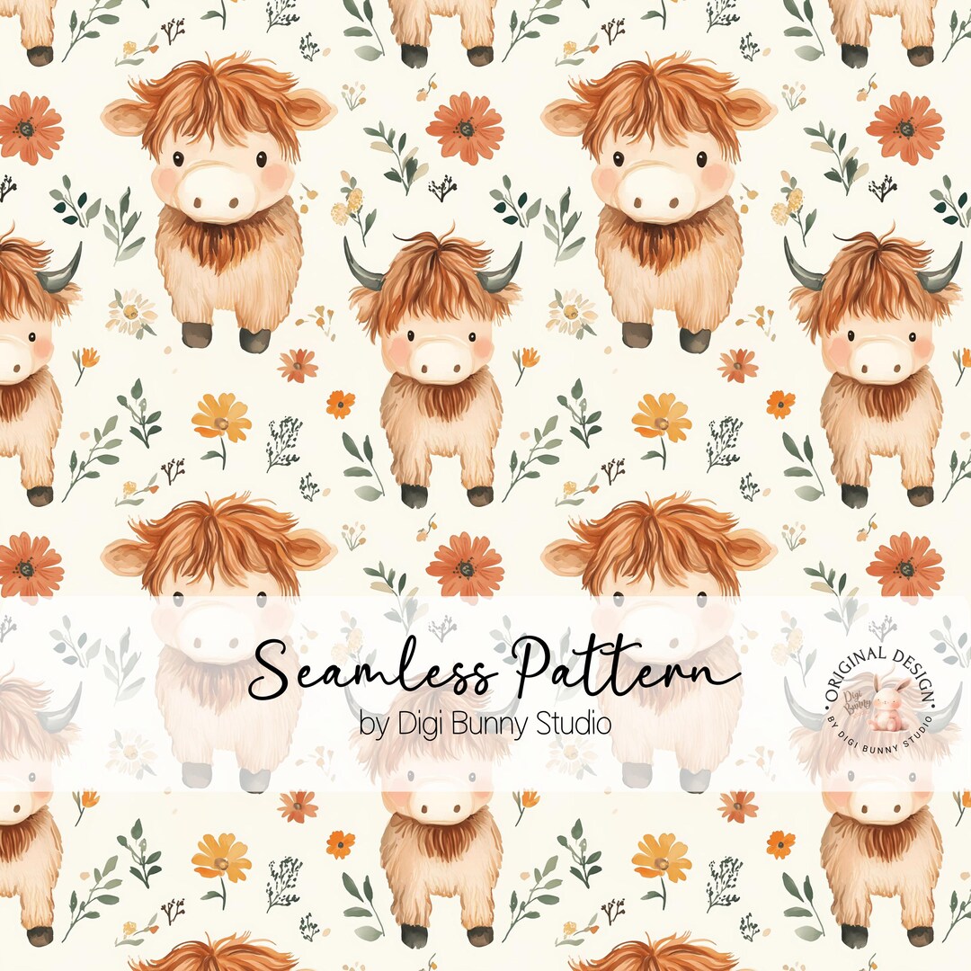Cute Highland Cow Seamless Pattern Western Cowboy Digital Paper Cows ...