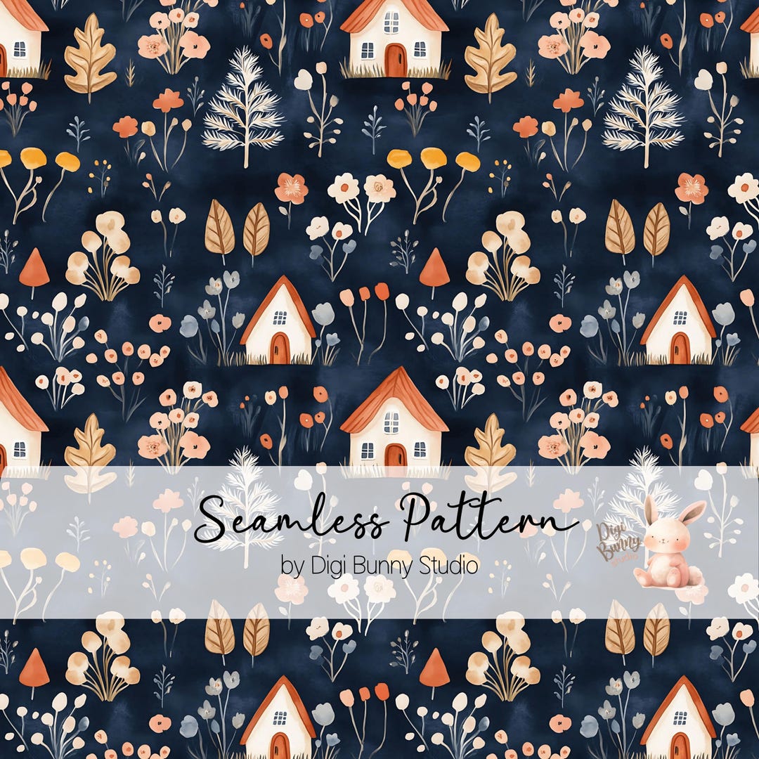 House Cottagecore Seamless Pattern Night Garden Botanical Repeating ...