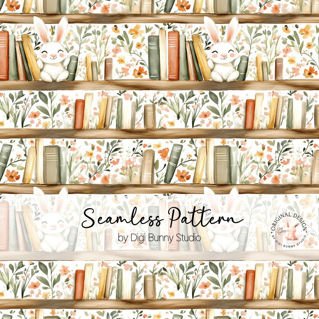 Bookish Seamless Pattern Spring Floral Bookshelf Bunnies Books Repeat ...