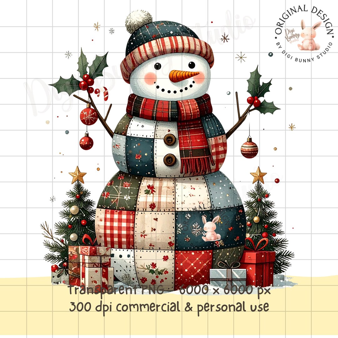 Patchwork Snowman PNG | Retro Christmas Snowman Sublimation Design ...