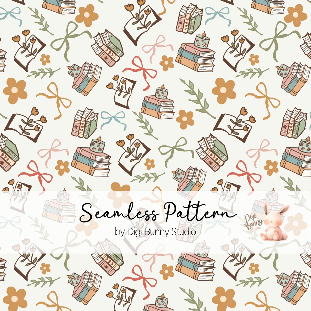 Hand Drawn Boho Florals and Books Seamless Pattern Png Fabric Pattern ...