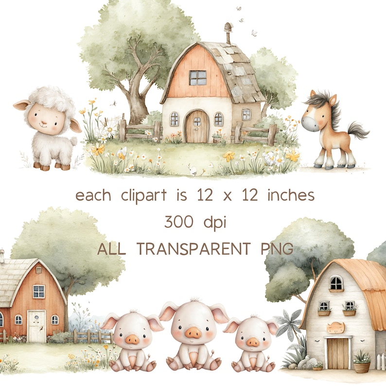 Farm Animals Watercolor Clipart, Kids Nursery Decor (PNG) - Etsy