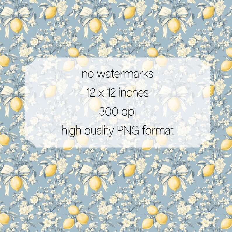 Lemon Toile Seamless Pattern: Blue Chinoiserie Bows (PNG Digital ...