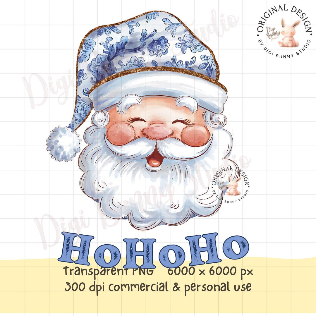 Retro Santa Blue Floral Chinoiserie Santa Hat Png Blue Christmas ...