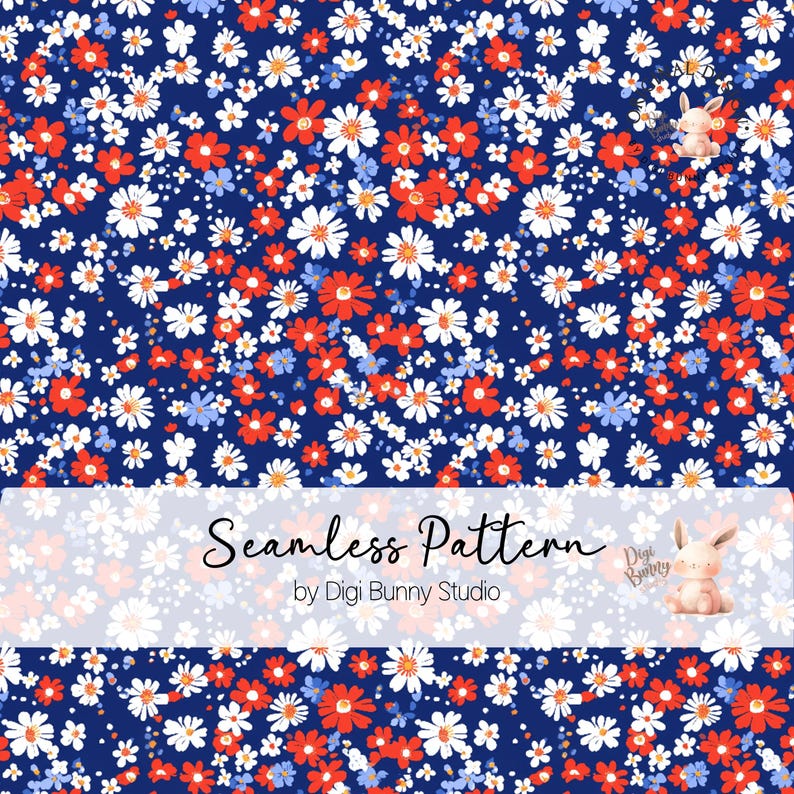 Ditsy Red White Blue Flowers 4th of July Seamless Pattern USA Fourth of ...