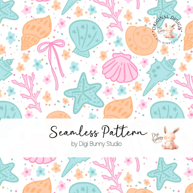 Pastel Seashells Scallops Coquette Bow Seamless Pattern Coastal Beach ...