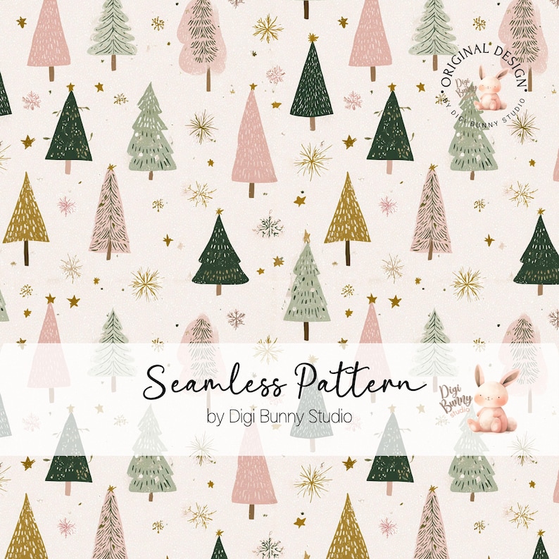 Pastel Christmas Tree Seamless Pattern, Pink Holiday Print (digital ...