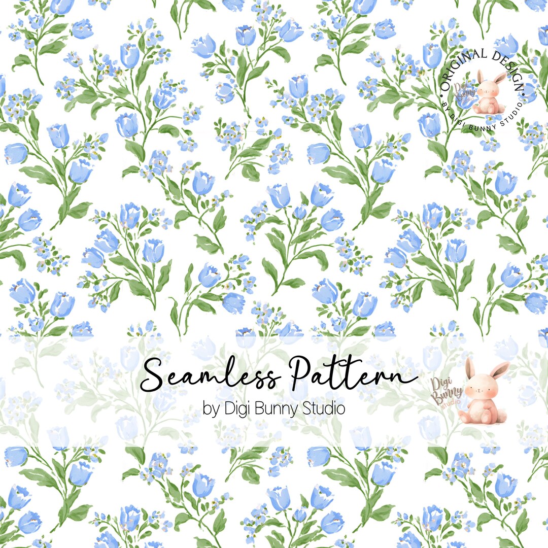 Blue Preppy Tulips Seamless Pattern PNG | Floral Coquette Bow Shabby ...