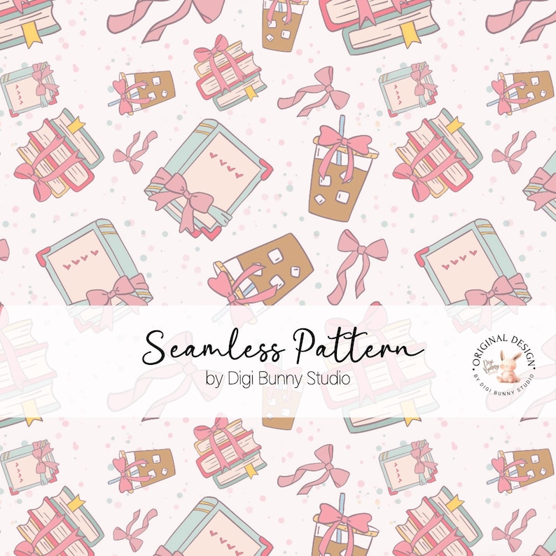 Books and Iced Coffee Seamless Pattern, Bookish Coquette (PNG Digital ...