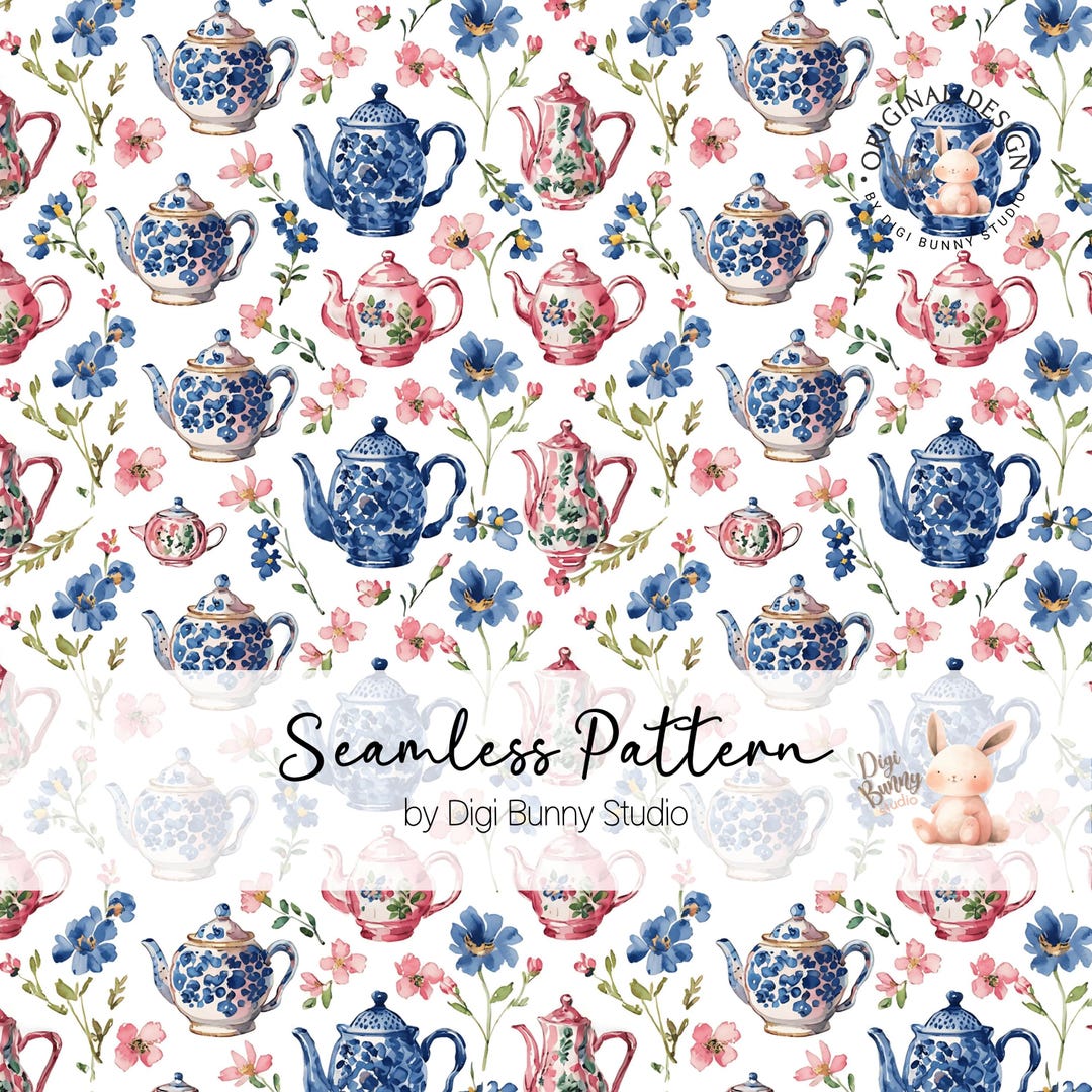 Blue Floral Teapots Chinoiserie Seamless Pattern Tea Time Flowers ...