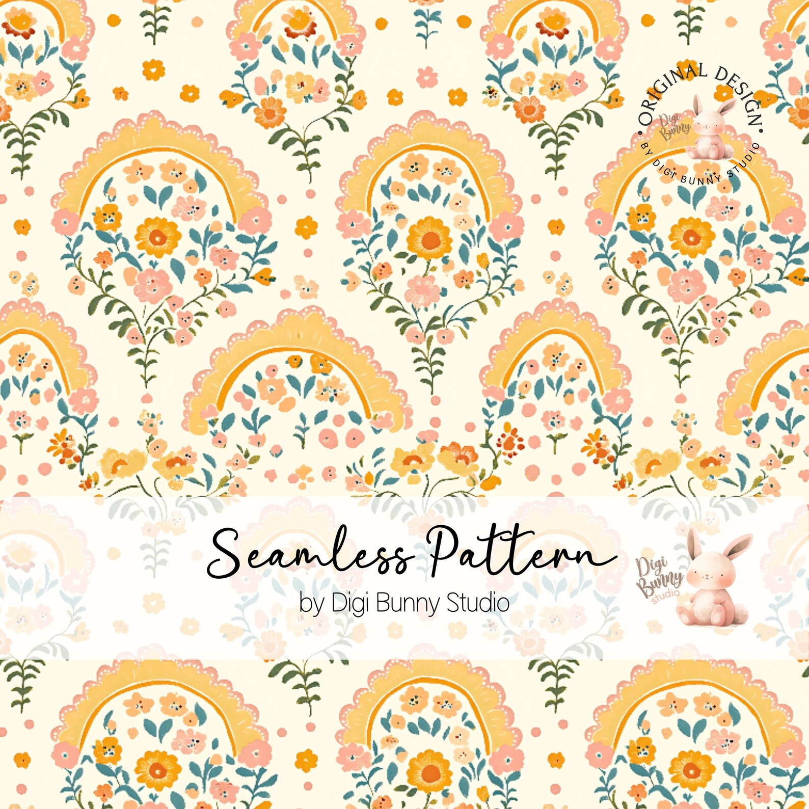 Yellow Floral Scallops Seamless Pattern, Vintage Fabric Print (PNG) - Etsy